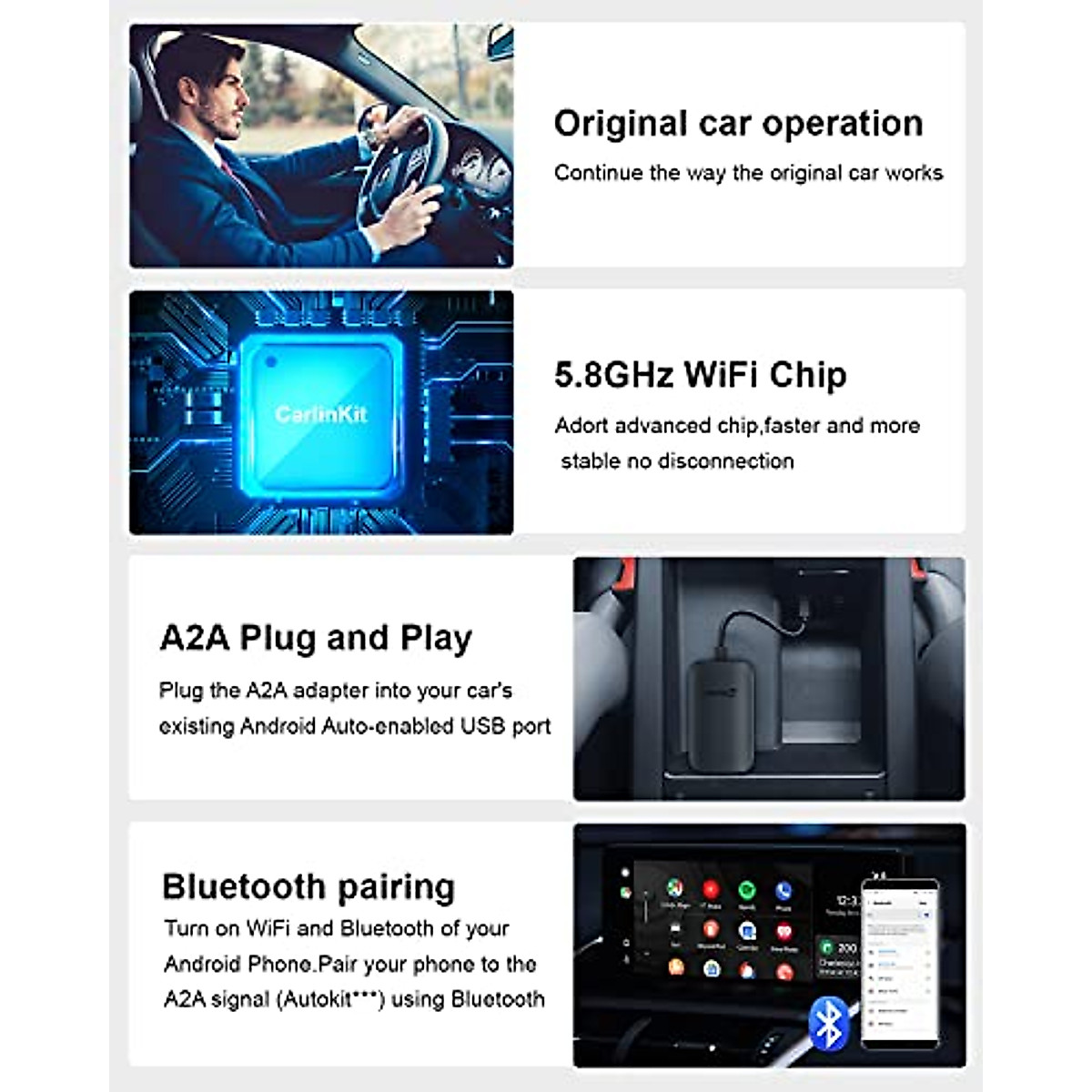 Wireless Android Auto Car Adapter CarlinKit A2A Dongle for Cars only Support Original Wired Android Auto, Instant Connection- Easy Setup- 5 GHz WiFi- GPS Navigation Fast Transmission…