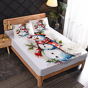 zcsm Christmas Snowman Sheets Full Size Sheet Sets - Xmas Bed Sheets, Soft Microfiber & Deep Pocket & Wrinkle Free Patterned Bedding Sheets & Pillowcases, 1 Fitted Sheet, 1 Flat Sheet, 2 Pillow Cases