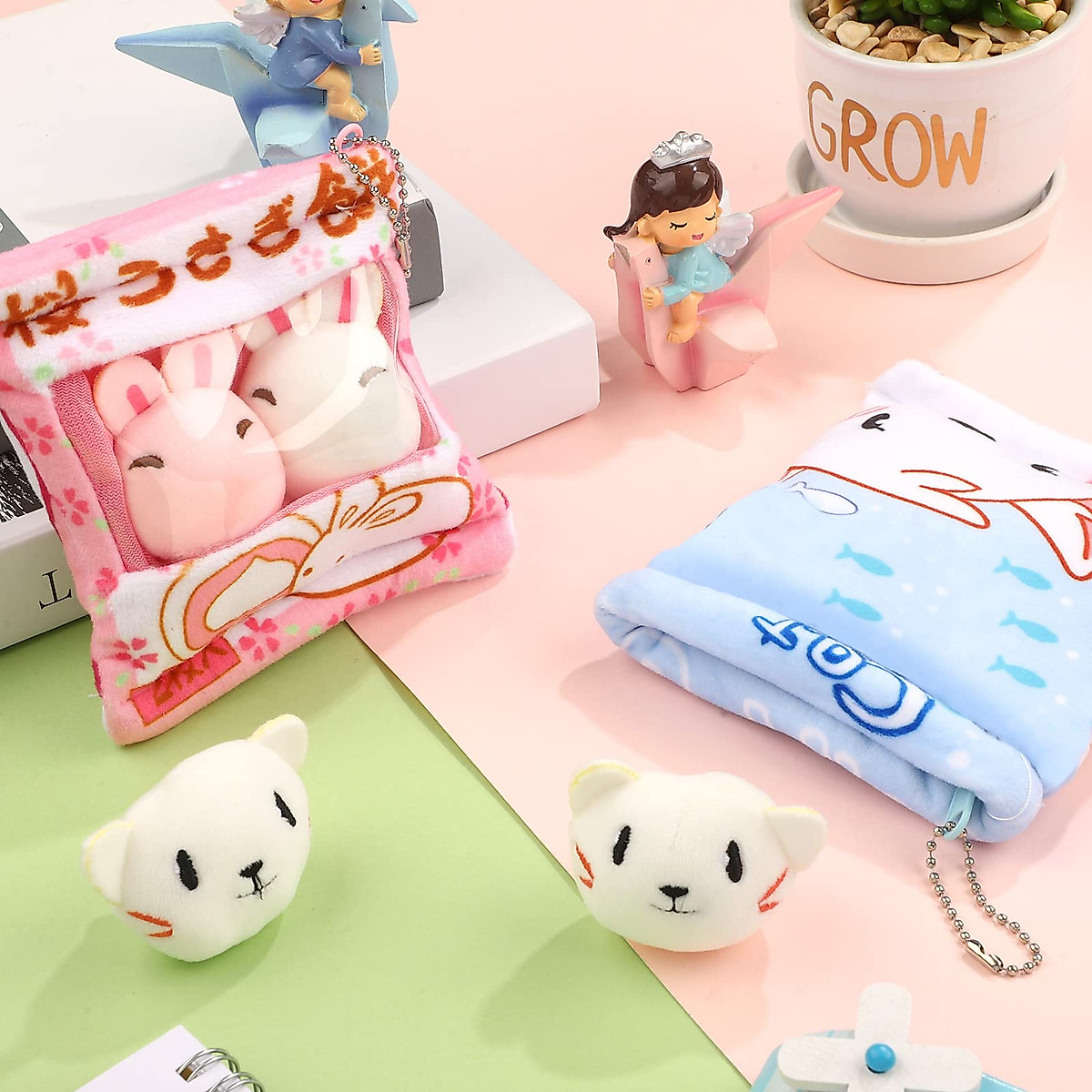 Zomiboo 2 Pcs Kawaii Room Decor Cute Plush Stuffed Pillows Snack Mini Toys Soft Cartoon Baby Back to School Doll Key Chain Gifts for Birthday Party Favors (Pink,Blue,Bunny,Cat)