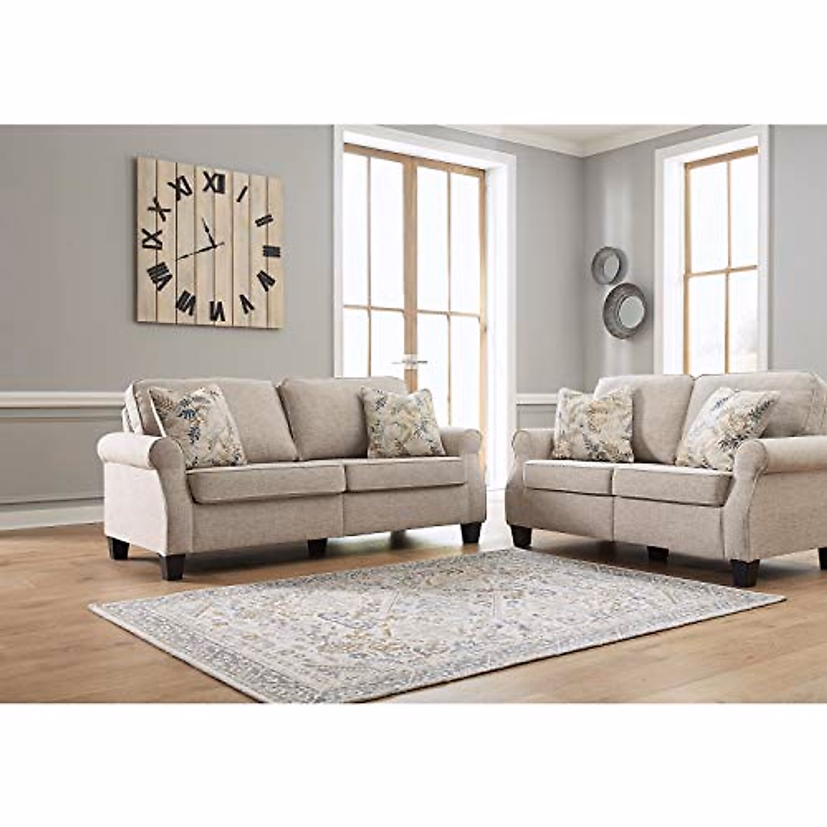Signature Design by Ashley Alessio Modern Sofa and Loveseat with Throw Pillows, Beige