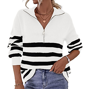 BTFBM Women 2025 Casual Long Sleeve Zip Striped Pullover Sweaters V Neck Collar Ribbed Knit Fall Winter Slouchy Jumpers(Striped White, Small)