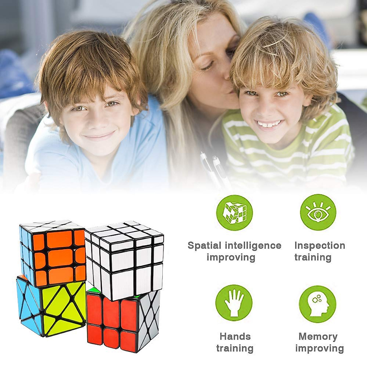 4-Pack YJ Cube Set - Included 3x3 YJ Fluctuation Angle Puzzle Cube - 2x3 YJ Wheel Puzzle Cube - 3x3 YJ Mirror Puzzle Cube 6 Color - 3x3 YJ Square King Puzzle Cube
