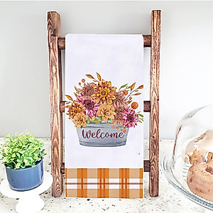 Buffalo Plaid Fall Pumpkin Autumn Flowers Kitchen Dish Towel 18 x 28 Inch Set of 2, Harvest Thanksgiving Holiday Tea Towels Dish Cloth for Cooking Baking