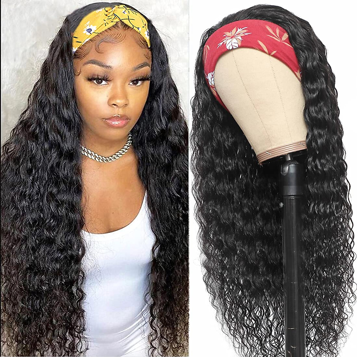 Headband Wigs Deep Wave for Black Women 150% Density Brazilian Virgin Human Hair None Lace Front Wigs Machine Made Wigs Glueless Headband Curly Human Hair Wig 18 Inch