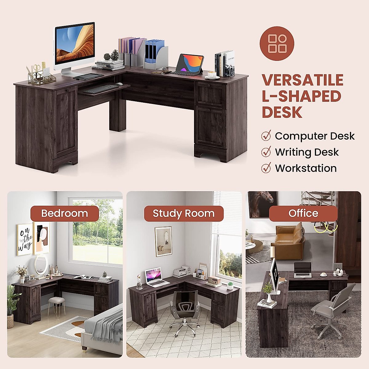 Tangkula L-Shaped Office Desk with Storage Drawers & Keyboard Tray, Home Office Corner Computer Desk with Cabinet & Inner Adjustable Shelf, Space-Saving Study Writing Desk, Computer Workstation