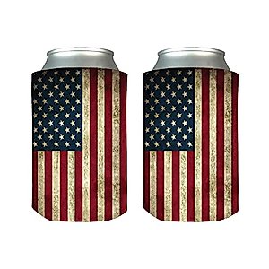 Rustic USA Flag Collapsible Beer Can Bottle Beverage Cooler Sleeves 2 Pack Gift Set