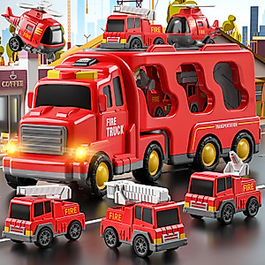TEMI Fire Toys for 3 4 5 6 Years Old Boys Girls - 5 in 1 Carrier Truck Transport for Toddlers 1-3, Friction Power Vehicles for Kids 3-5, Christmas Birthday Gifts - Age 3-9