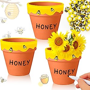 Lineshading 3 Pack 4 Inch Honey Bee Pots Bee Themed Honey Jars Red Clay Pots with Resin Bee Charms for Cute Honey Party Favor Baby Shower Birthday Decoration