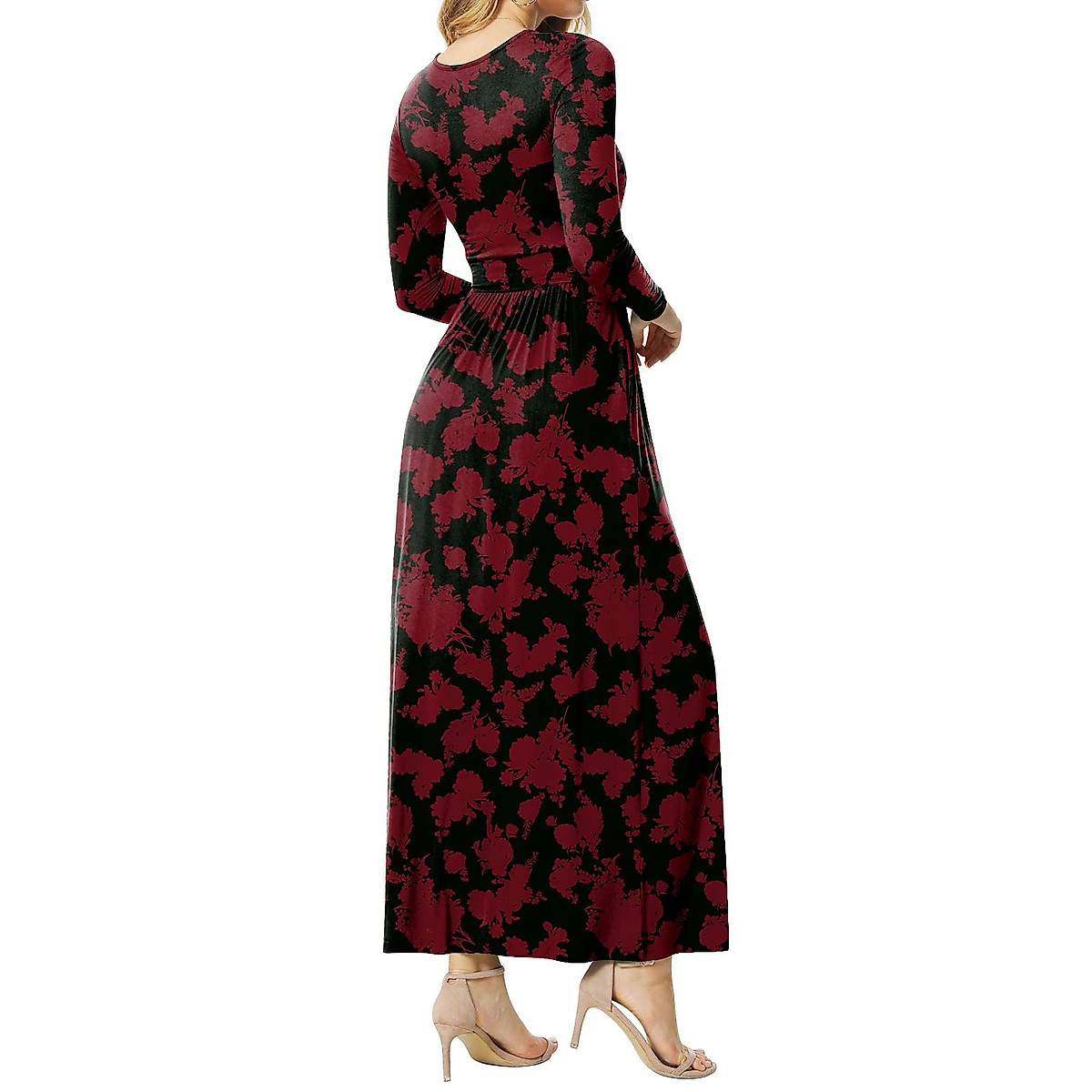 CATHY Women's Empire Waist Bodycon Maxi Dress Crewneck Casual Long Dresses with Pockets, S, 01 Red Flowers