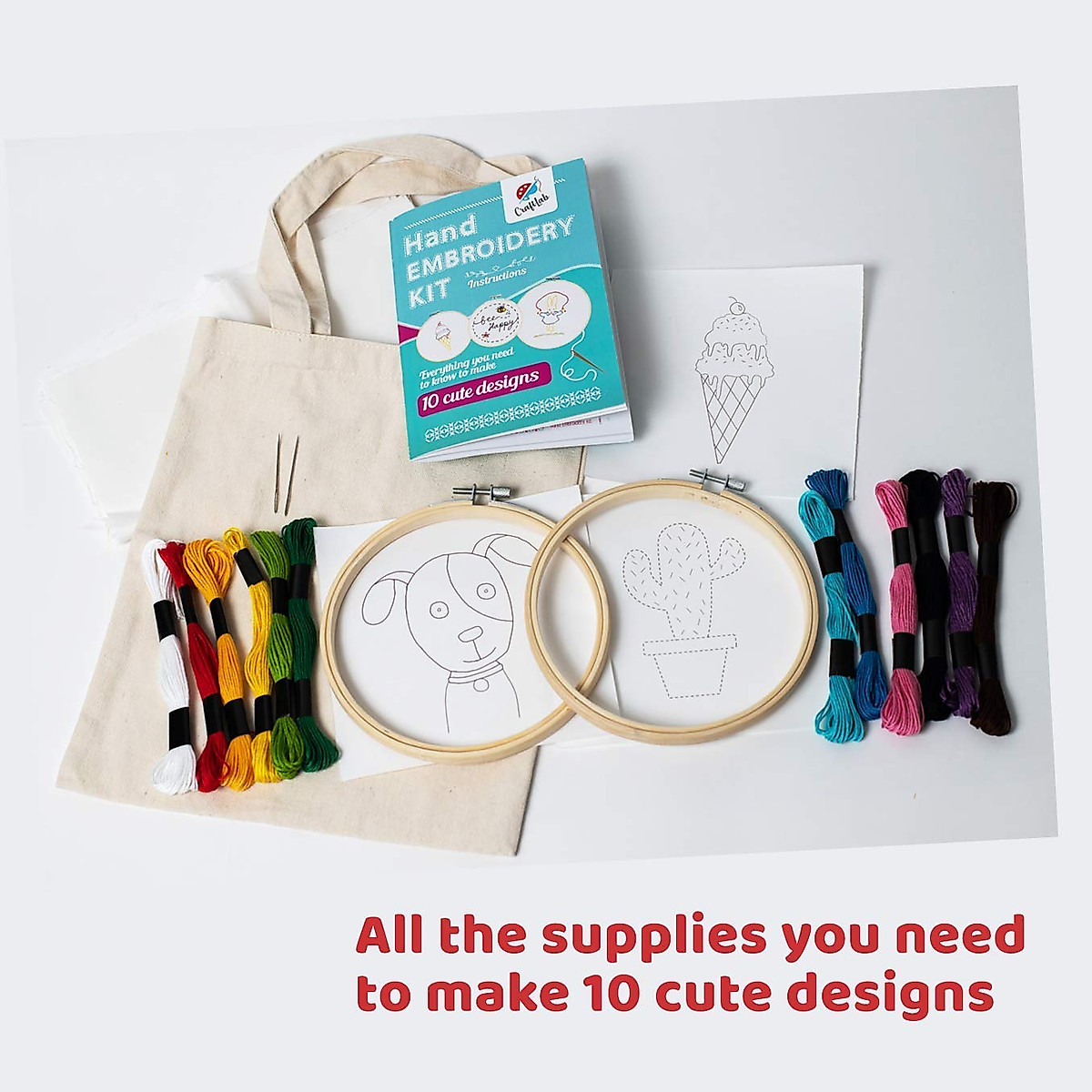 CraftLab Embroidery Sewing Kit for Beginners, Kids Craft Kit Gift for Girls Boys Ages 8-12, 10 Projects, Embroidery Hoops, Fabric, Patterns, Floss, Needles, Needlepoint Cross Stitching Supplies