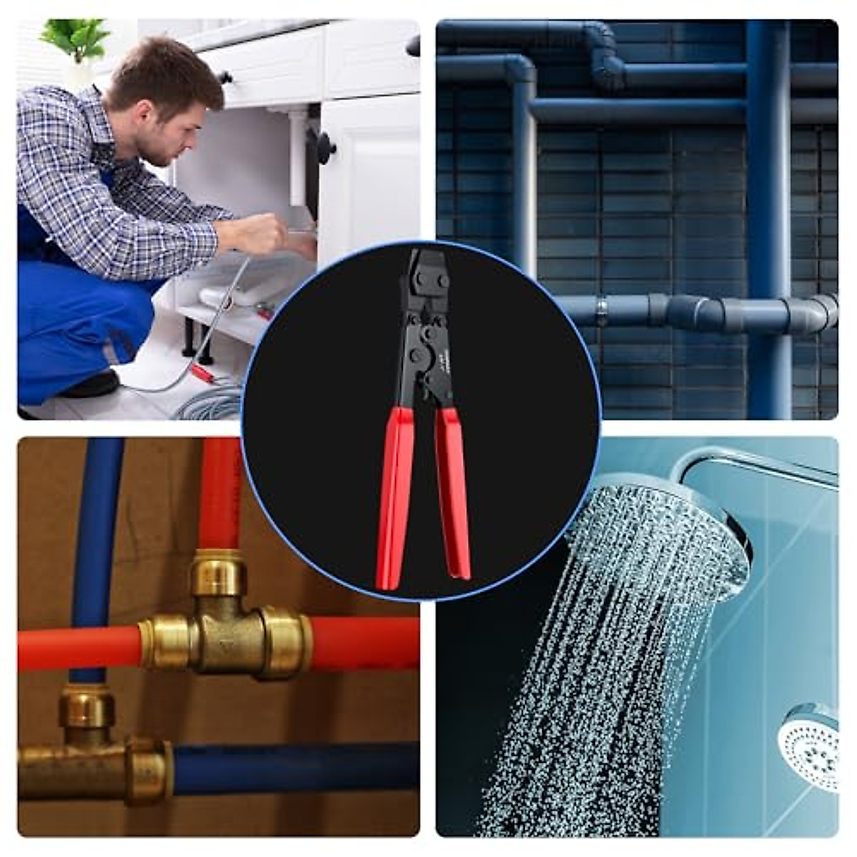 CAMWAY PEX Crimping Cinch Tool & PEX Cutter with 50PCS Ear Hose Clamps 1/2" 3/4" for Fastening Stainless Pipe Clamps from 3/8-Inch to 1-Inch