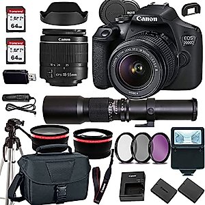 Canon EOS 2000D (Rebel T7) DSLR Camera w/Canon EF-S 18-55mm F/3.5-5.6 Zoom Lens+500mm f/8.0 Telephoto Lens+case+128Memory Cards (24PC)