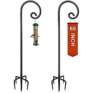 Koutemie 60 Inch Outdoor Shepherd Hook for Hanging Plant, Adjustable Heavy Duty Bird Feeder Pole with 5 Prong Base for Solar Lanterns, Black & 2 Packs