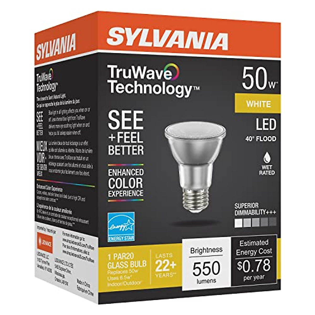 SYLVANIA LED TruWave Natural Series PAR20 Light Bulb, 50W Equivalent, Efficient 6W, Medium Base, Dimmable, 3000K, White - 1 Pack (40920)