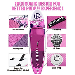 Highpi Inflatable Stand Up Paddle Boards, 10'6''x32''x6'' SUP with Accessories Backpack Anti-Slip Deck, Leash, Paddle and Hand Pump, Pink Paddle Board Standing Boat for Youth & Adult