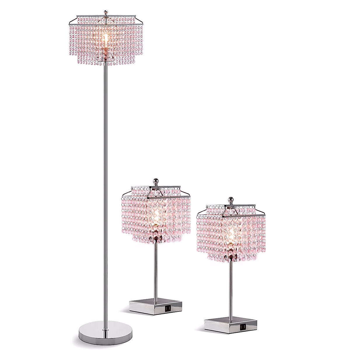 Luvkczc Tables Lamp and Floor Lamp Set, Crystal Table Lamp with USB Ports+Crystal Floor Lamps Set of 2, Morden Lamps for Living Room, Bedroom, Office, Pink
