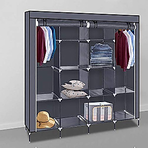 Knocbel 67" Tall Freestanding Closet Organzier Clothes Garment Rack Dustproof & Waterproof Fabric Cover with Storage Shelves 2 Hanging Rods & 4 Side Pockets (Gray)