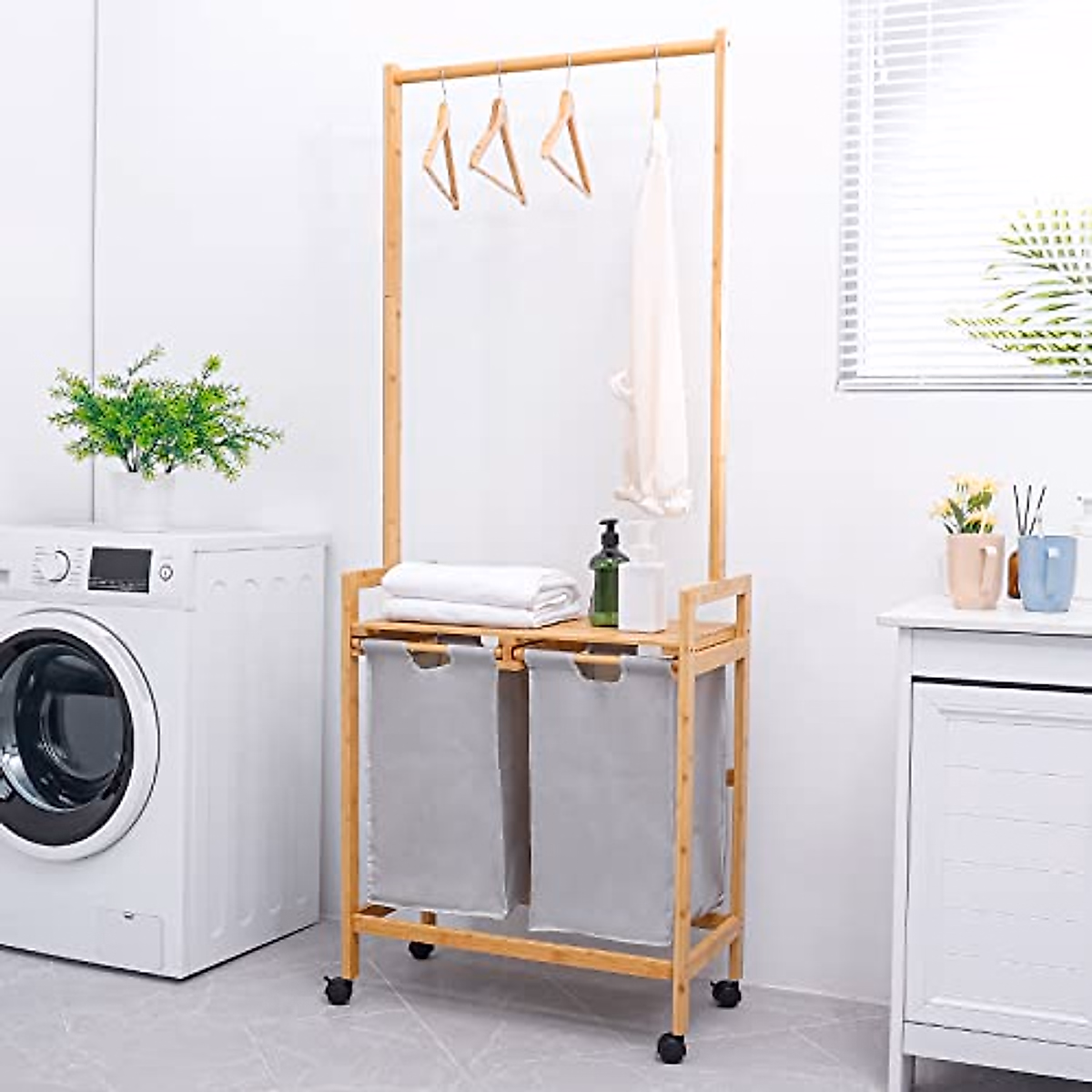 Homde Laundry Basket,Bamboo Laundry Sorter Cart Rolling with Clothes Hanging Rod, 2 Section Laundry Hamper with Wheels, Removable Sliding Bags, Utility Laundry Storage Organizer for Bathroom