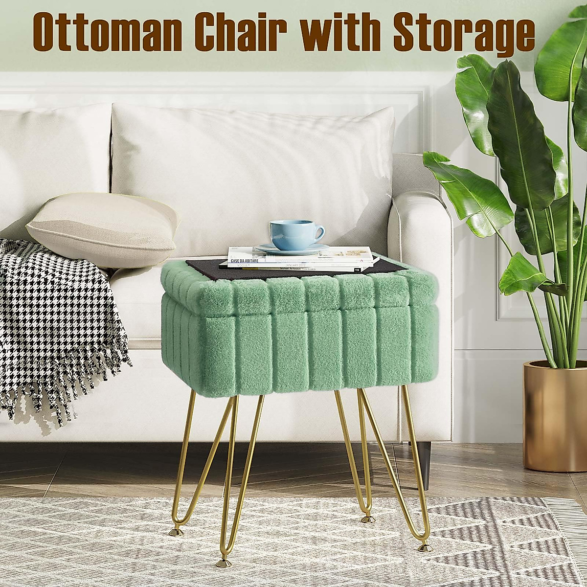 Greenstell Vanity Stool Chair Faux Fur with Storage, 15.7"L x 11.8"W x 19.4"H Soft Ottoman 4 Metal Legs with Anti-Slip Feet, Furry Padded Seat, Modern Multifunctional Chairs for Makeup, Bedroom,Green