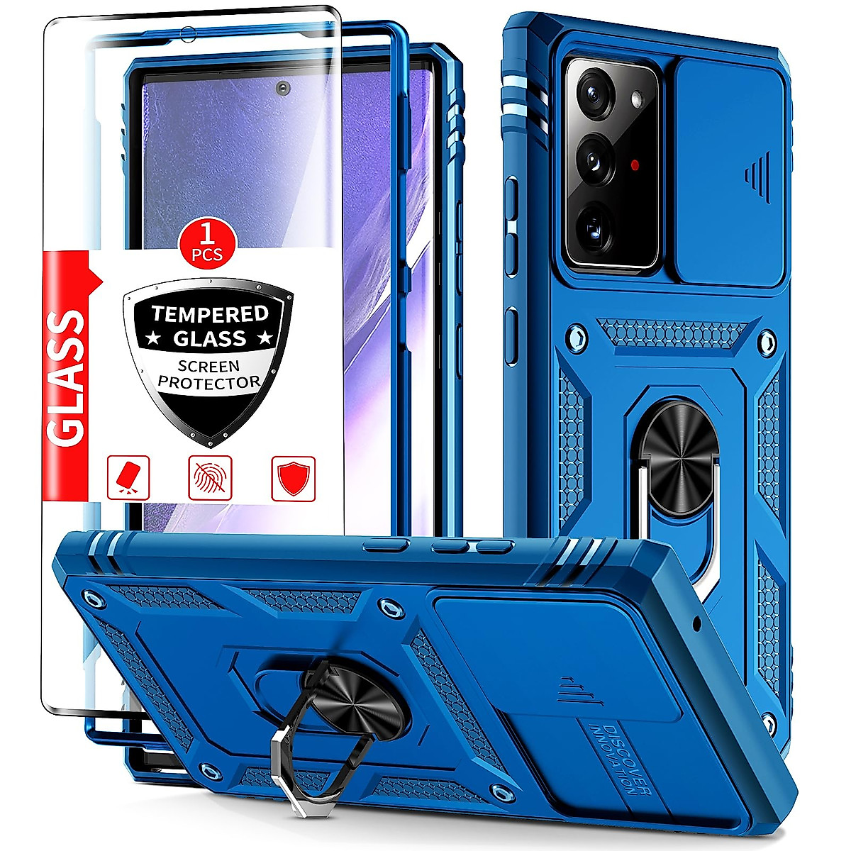 IYTRRYH for Samsung Galaxy Note 20 Ultra Case with Glass Screen Protector,with Magnetic Kickstand Ring&Camera Cover Military Grade Drop Shockproof Heavy Duty Protection Galaxy Note 20 Ultra Case Blue