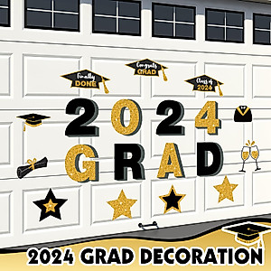 Ferraycle 19 Pieces Graduation Car Magnets Set 2024 Graduation Car Decorations Magnetic Refrigerator Magnet Graduation Party Decoration Waterproof Stickers for Door Garage Fridge (Black and Gold)