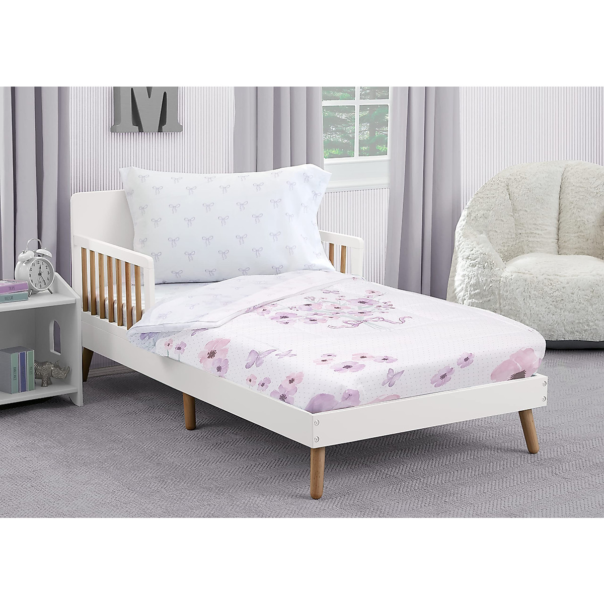 Delta Children 4 Piece Toddler Bedding Set for Girls - Reversible 2-in-1 Comforter - Includes Fitted Comforter to Keep Little Ones Snug, Bottom Sheet, Top Sheet, Pillow Case - Purple Bouquet