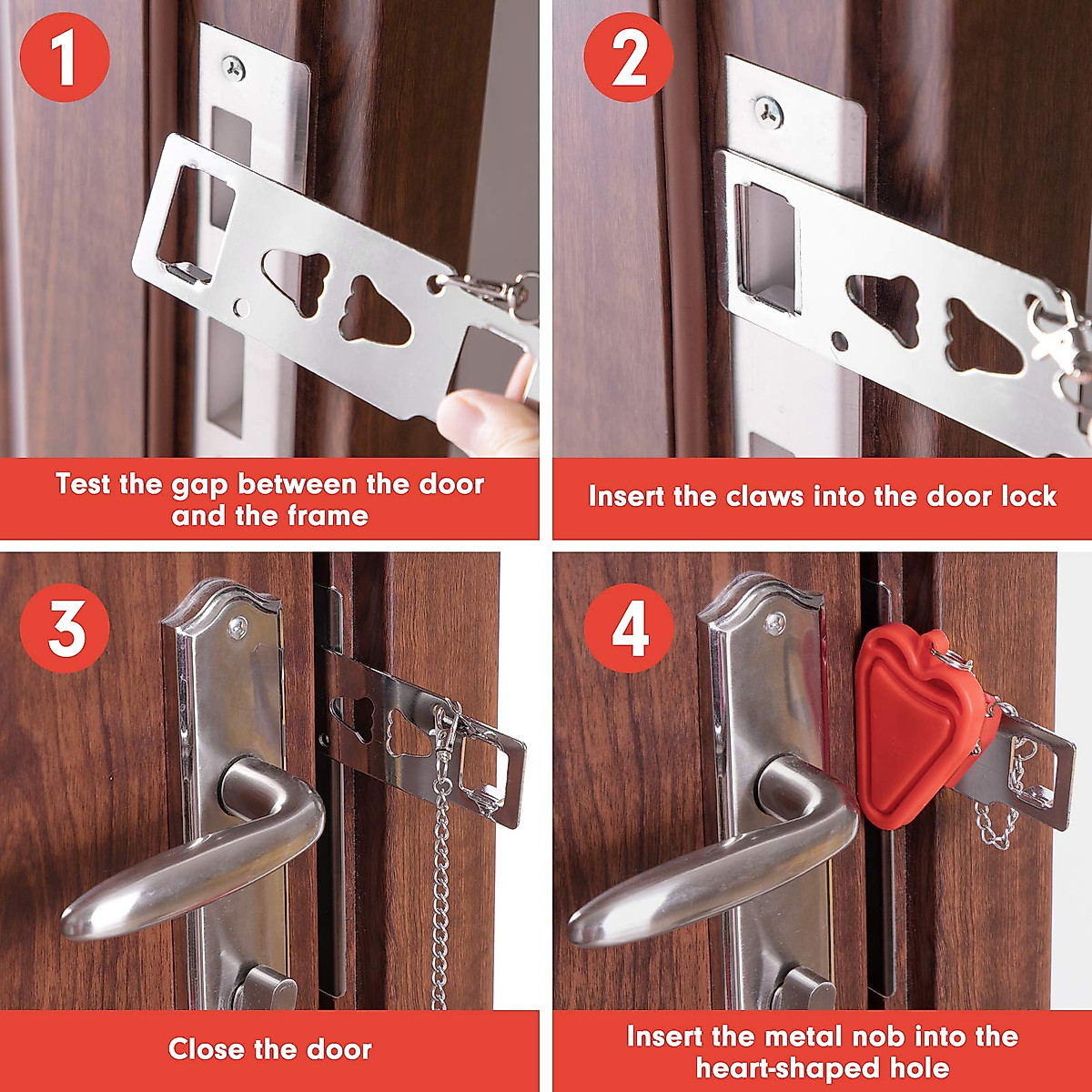 Portable Door Lock,Stainless Steel Travel Door Lock for Security,Portable Security Door Stop (Red)