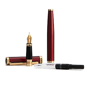 BEILUNER Red Fountain Pen,Stunning Luxury Pen,24K Gilded Nib(Medium),Gorgeous 24K Gold Finish,German Schneider Ink Converter,Trustworthy Pen Gift for Men&Women-Elegant,Executive,Nice Pen for Writing