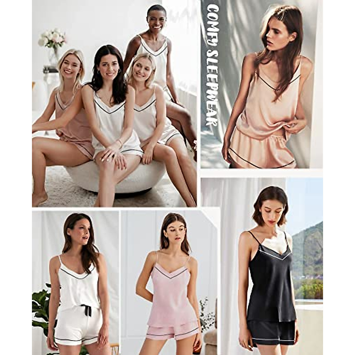 SWOMOG Women's Silk Satin Pajamas Set Lingerie 2Pcs Pjs Cami Top and Shorts Nightwear White
