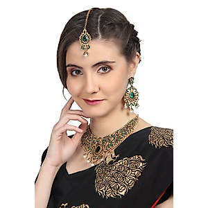 Touchstone New Indian Bollywood Desire Traditional Filigree Faux Green Emerald Color Exclusive Grand Bridal Jewelry Necklace Set in Antique Gold Tone for Women