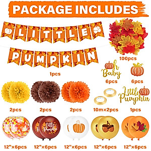 152pcs Little Pumpkin Baby Shower Decorations for Boy with Little Pumpkin Banner Pumpkin Cake Toppers Paper Pompom Latex Balloons Fall Leaves for Fall Theme Baby Shower Party Supplies