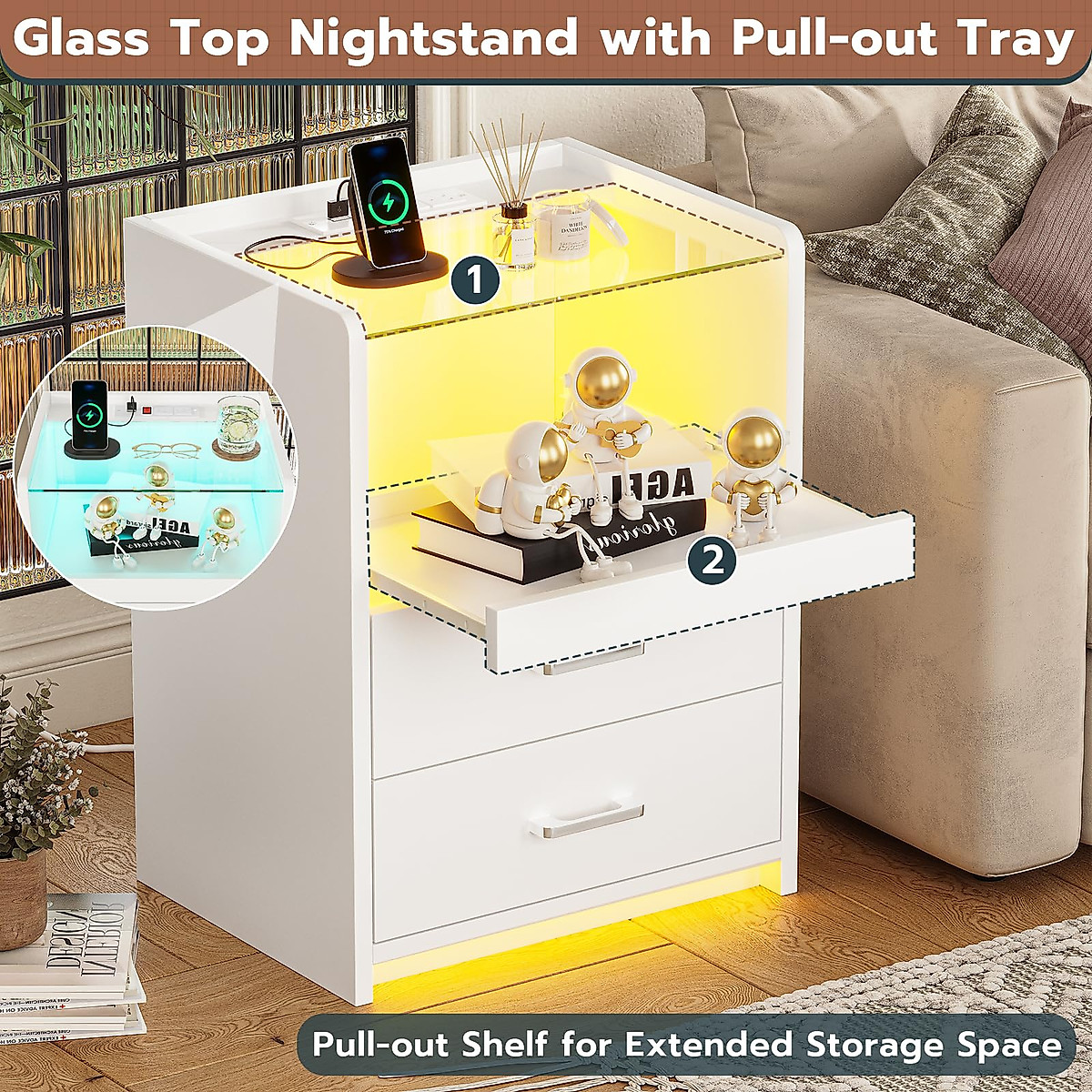 VIAGDO White Nightstand with Charging Station and LED Lights, 2 Drawers LED Night Stand with Tempered Glass Tabletop, Modern End Side Tables with Pull-Out Tray, Open Storage Bedside Tables