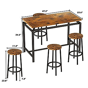LinkRomat Dining Room Table Set, Bar Set for 4, Kitchen with 4 Round Stools, 5 Piece Height Pub Dinner Bistro and Chairs Small Spaces, Brown, Rustic Brown, 47.24 x 23.62 x 35.04''(Heighten)
