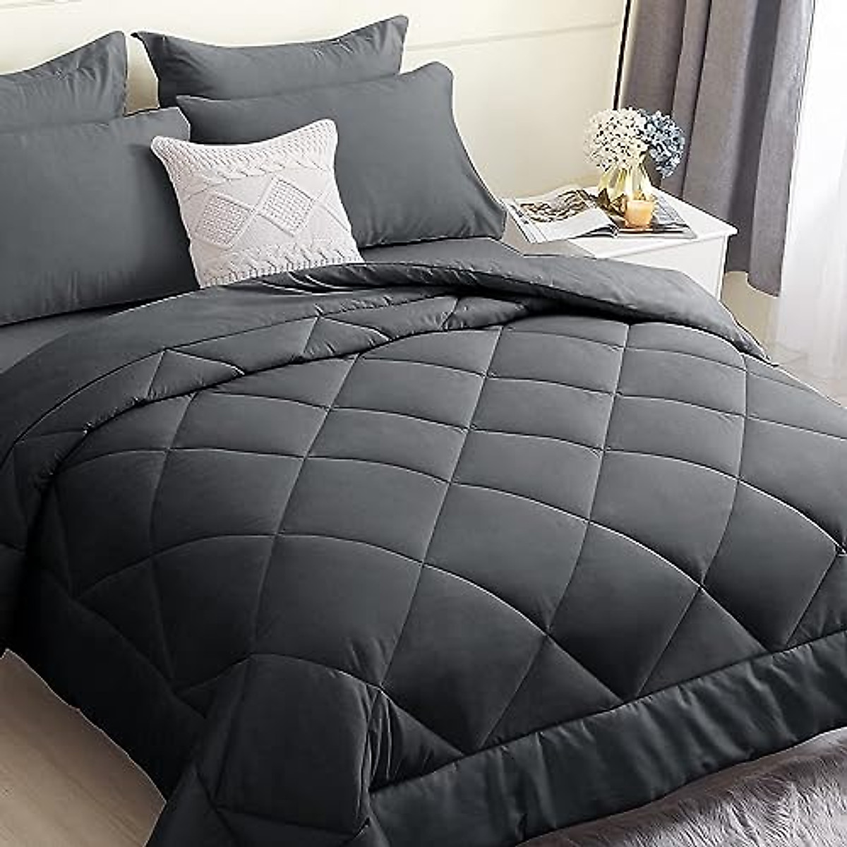 HEVUMYI California King Comforter Set 7 Pieces, All Season Bed in a Bag, Down Alternative Bedding Sets with Comforter, Flat Sheet, Fitted Sheet, Pillowcases & Pillow Shams (Dark Gray,104x90 Inch)