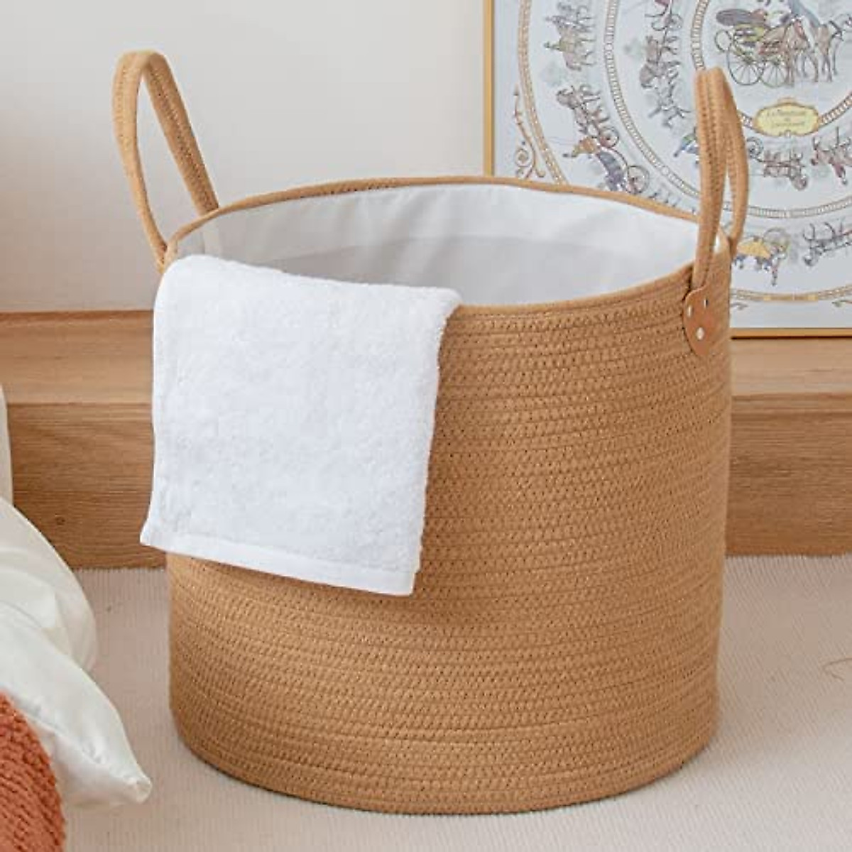 Homlikelan 46L Cotton Rope Woven Storage Basket,Blanket Basket with Handles Wicker Laundry Basket for Clothes,Toys,Pillows,Towels,Shoes,Plant Hampers for Bedroom,Living Room,Bathroom,Nursery Brown