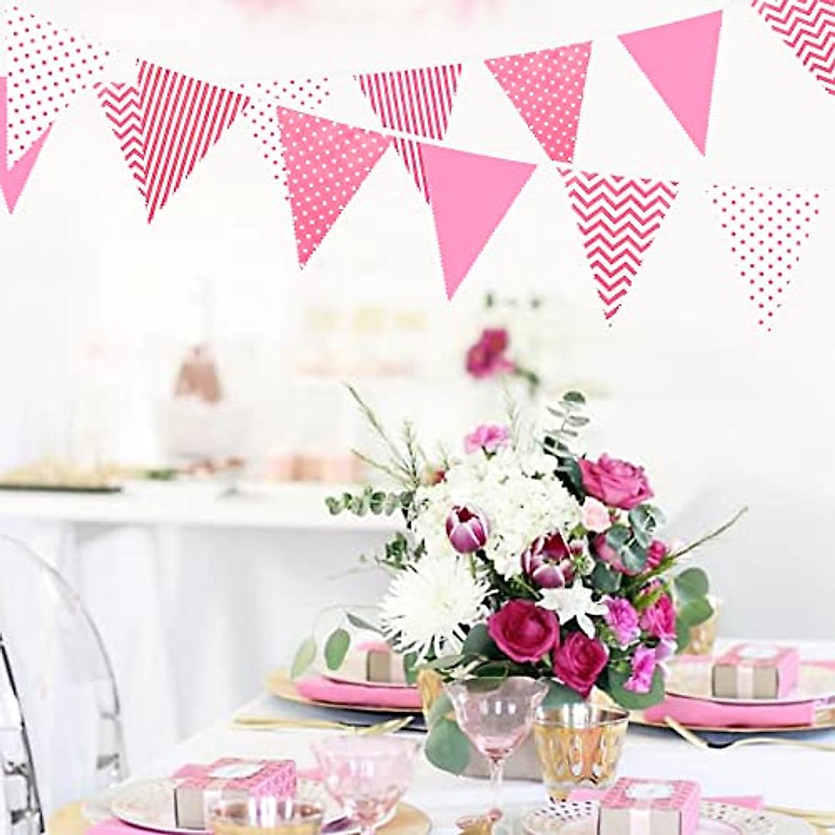 32Ft Hot Pink Striped Dot Pennant Banner Fabric Triangle Flag Bunting Garland Streamers for Wedding Birthday Baby Bridal Shower Party Home Nursery Outdoor Garden Hanging Festivals Decorations