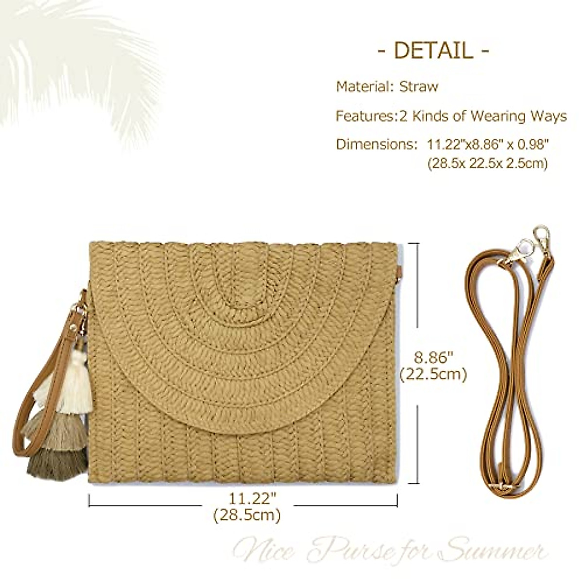 Aovtero Straw Clutch Purse Women Crossbody Bag Summer Beach Shoulder Bags Envelope Wallet Handbags (Light Brown)