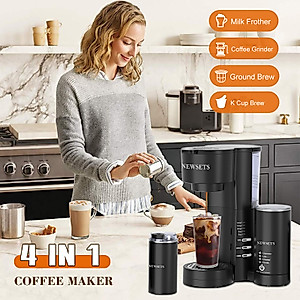 NEWSETS Single Serve Coffee Maker for K Cups and Ground Coffee, 4 in 1 Coffee Machine with Grinder and Milk Frother, 6 to 14oz Brew Sizes, 28oz Removable Water Reservoir, Self-cleaning Function, Black