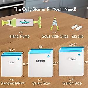 Sous Vide Bags 52 PCS - 30 Reusable Vacuum Food Sealer Bags for Anova, Joule Cookers - 3 Sizes Sous Vide Bag Kit with Pump - 4 Sous Vide Bag Clips for Food Storage and Sous Vide Cooking