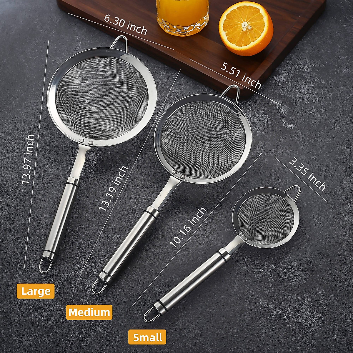 AOWOTO 3.35inch 304 Stainless Steel Fine Mesh Strainers for Kitchen, Colander-Skimmer with Handle, Metal Sieve Sifters for Food, Rice, Oil, Noodles, Fruits, Vegetable, Tea Strainer