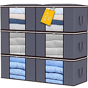 YearningHome 6Pack 90L Storage Bag for Clothes Large Capacity Storage Containers with Reinforced Handle Foldable Closet Organizer for Comforters, Blankets, Bedding, Sweater with Sturdy Zipper, Clear Window, Grey