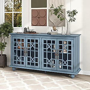 RuiSiSi armhouse 60'' Storage Sideboard Buffet Cabinet with Adjustable Height Shelves for Living Room, Teal Blue