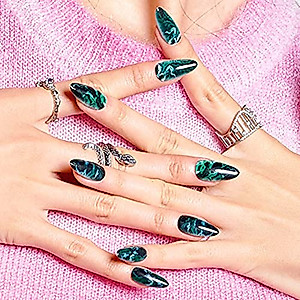 Short Almond Press on Nails, Green Leaves GLAMERMAID Glue on Nails with Design Fake Nails, Medium Oval Ferns Stick on False Nail Kits for Women Girls Gift, Reusable Stiletto Acrylic Nails Sets