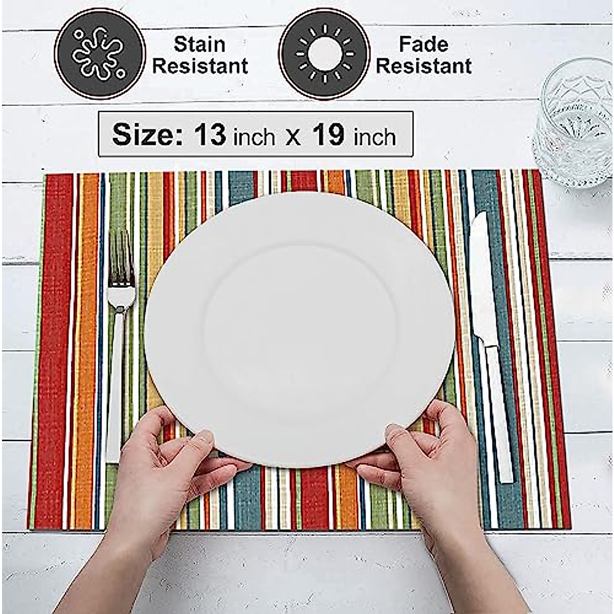 Ruvanti Placemats 100% Cotton 13x19 Inch, Dining Table Placemats Set of 6, Modern Place Mats for Dining Table Decor, Kitchen & Table Linens, Coffee Mat for Christmas Dinners – Multi Stripe