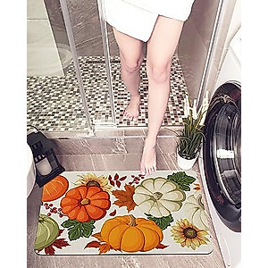 Bath Mat for Bathroom Non Slip Thanksgiving Pumpkin Sunflower Maple Leaves Autumn Diatomaceous Earth Bath Mats Highly Absorbent Door Mat Diatom Mud Washable Bathroom Mat for Tub Shower 18x30 Inch