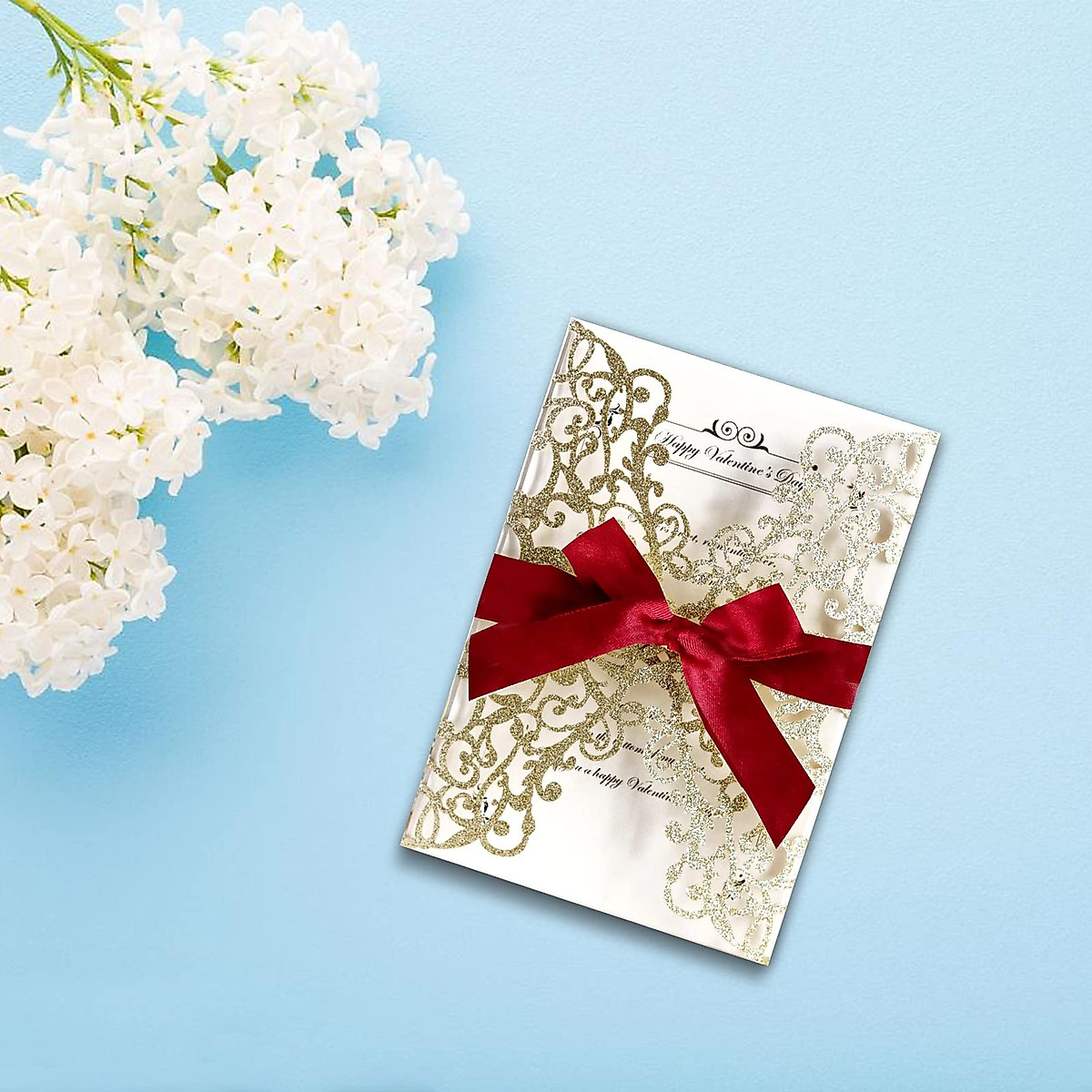 KALOPEZY 50Pcs Wedding Invitation,Gold invitations,Gold Powder Floral Laser Cut with Blank Inner Sheet, Envelopes and Ribbons for Party Wedding Engagement Bridal Bridal Shower Invite