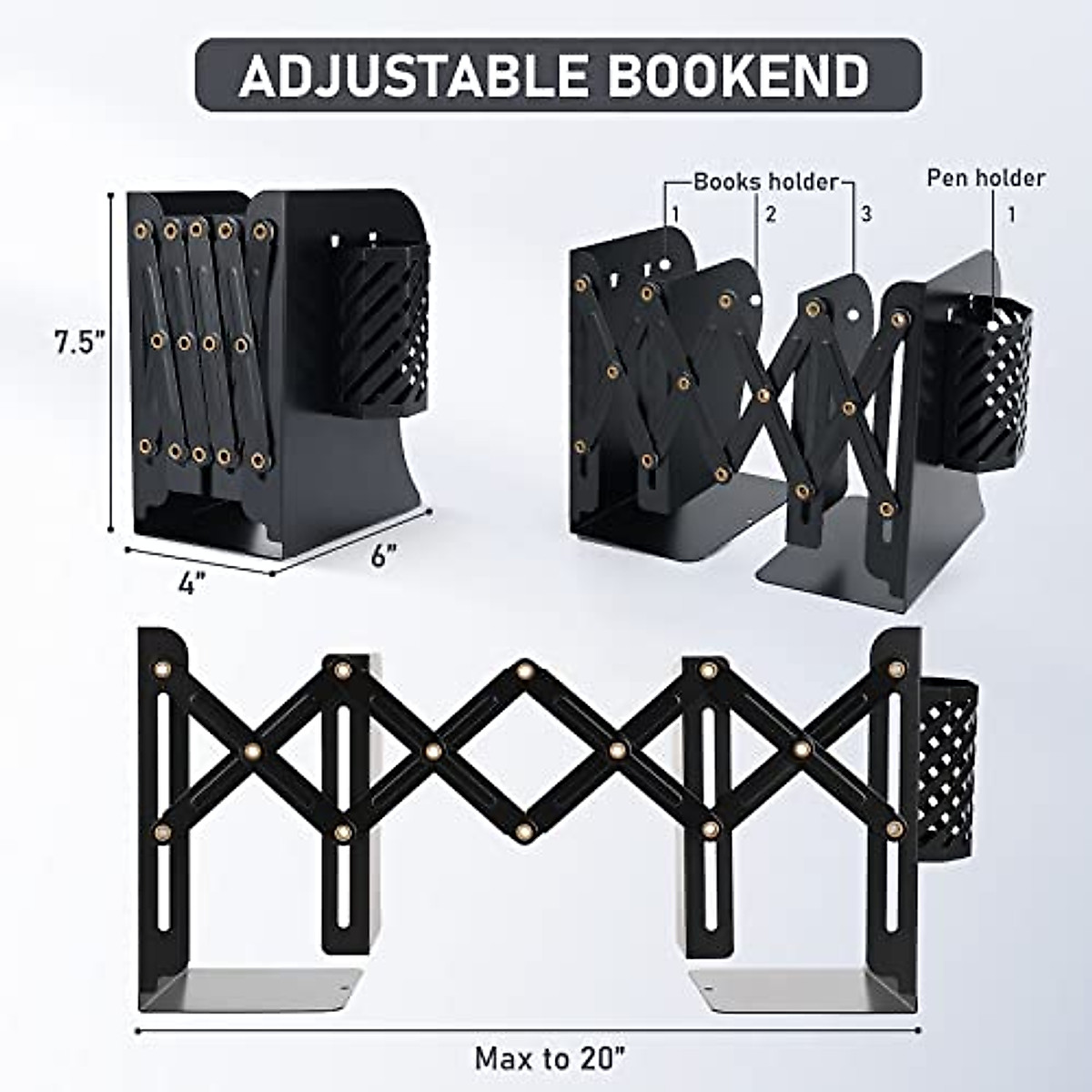 Adjustable Book Ends, Hmseng Metal Bookends Book Holders for Shelves, Desk Magazine File Organizer Holder for Office, Books, Papers, Extends up to 19 inches.Scratch-Resistant Hand Coating-Black