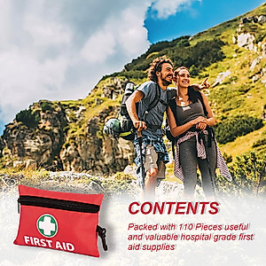 General Medi Mini First Aid Kit, 110 Piece Small First Aid Kit - Includes Emergency Foil Blanket, Scissors for Travel, Home, Office, Vehicle, Camping, Workplace & Outdoor (Red)