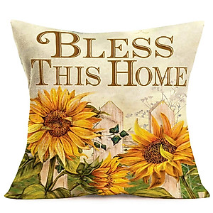 Smilyard Decorative Pillow Covers Vintage Yellow Sunflower with Green Leavers Pillow Case Bless This Home Words Cotton Linen Cushion Cover Home Decor Sofa Bed Couch 18x18 Inch (AH 03)