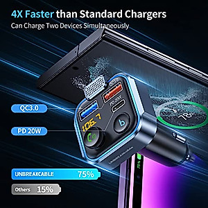 UNBREAKcable Bluetooth 5.0 FM Transmitter for Car, [PD 20W + QC 3.0] [Stronger Microphone & HiFi Bass Sound] Cigarette Lighter Radio Music Adapter Charger, Supports Hands-Free Siri Google Assistant